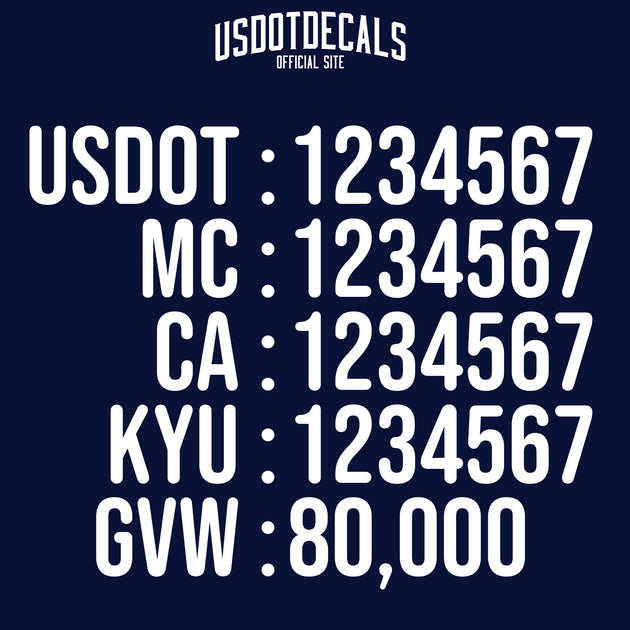 Centered US DOT, MC, CA, KYU, GVW, TXDOT, VIN Number Decal Stickers ...