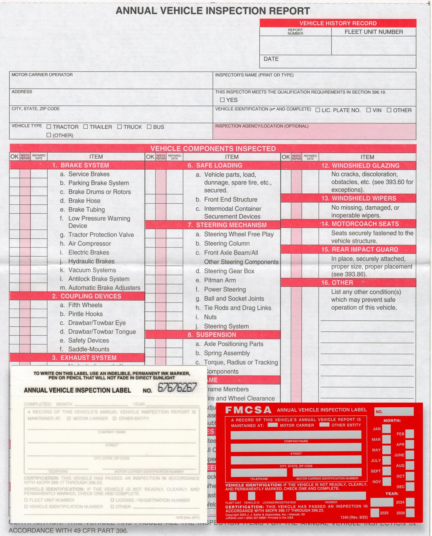 Annual Vehicle Inspection Report Sheet With White & Red FMCSA Annual V ...
