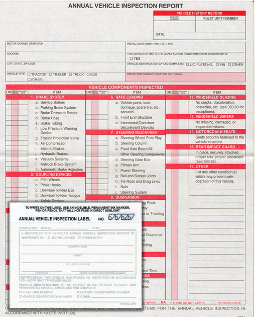Annual Vehicle Inspection Report Sheet With White FMCSA Annual Vehicle ...